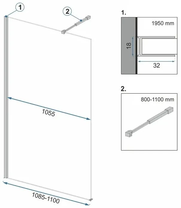Bezrámová sprchová zástěna REA AERO 110 cm, černá/transparent - bez vaničky