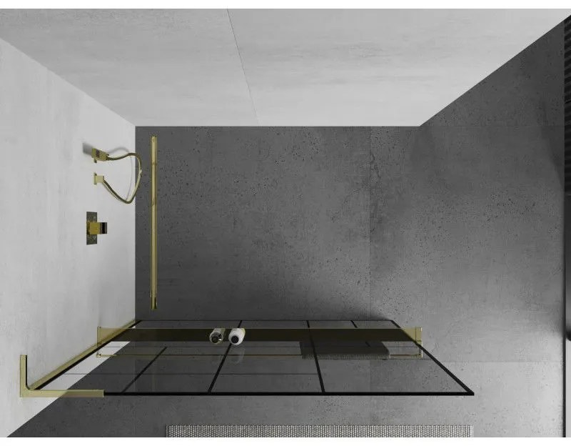Mexen Kioto+ L, sprchová zástěna Walk-In s poličkou a věšákem 90 x 200 cm, 8mm čiré sklo černý vzor, zlatý lesklý profil, 800-090-123-50-78