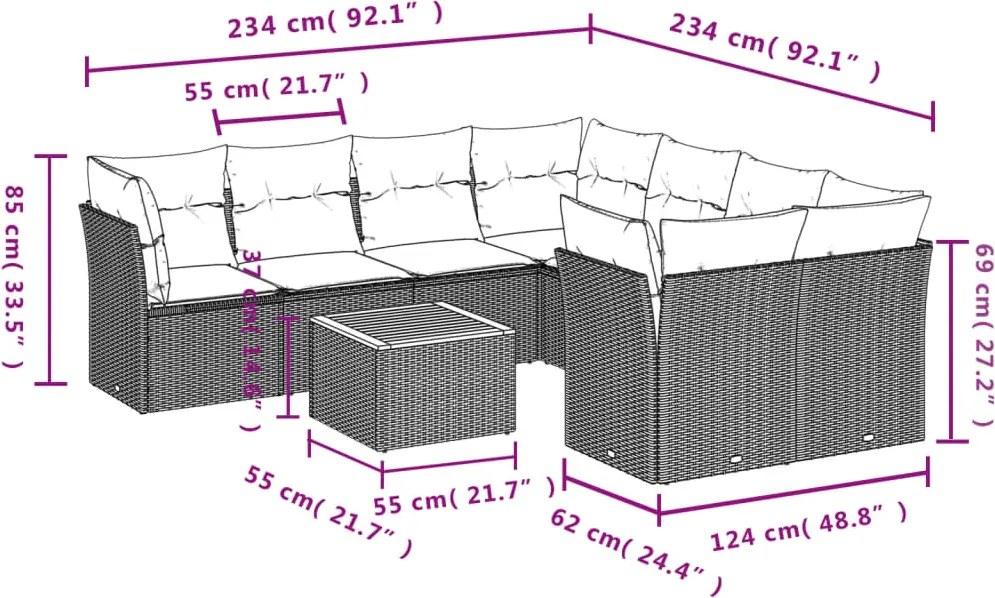9dílná zahradní sedací souprava s poduškami černá polyratan 3223528
