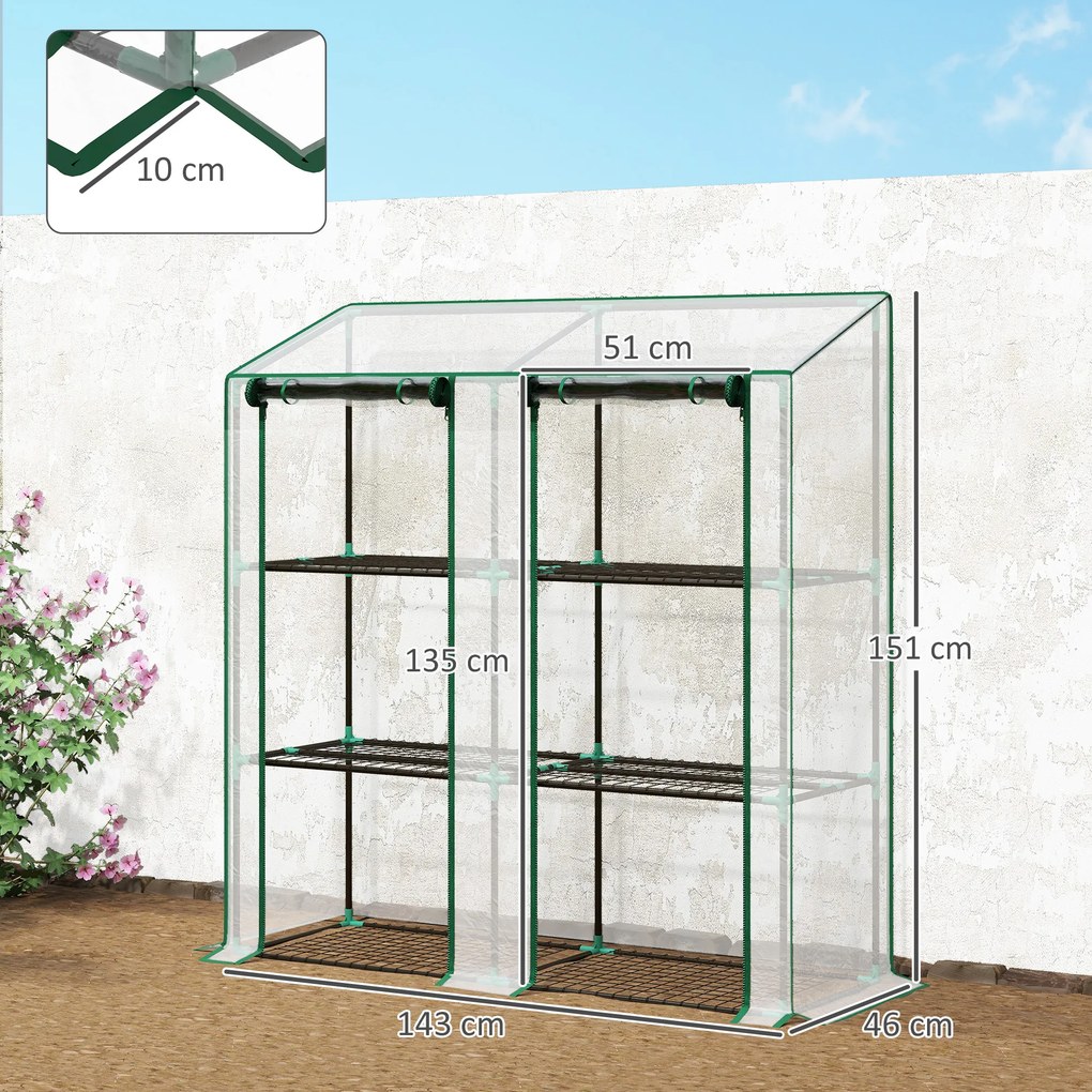Outsunny 3-patrový zahradní skleník s policemi a šikmou střechou, 2 zipové dveře pro pěstování rostlin na terase 143x46x141/151 cm Průhledný