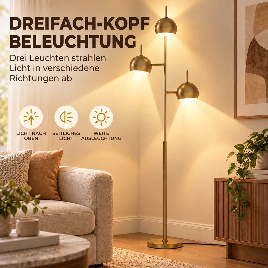 HOMCOM Stojací lampa 350° nastavitelná pro obývací pokoj a kancelář, stojací lampa se 3 stínidly z oceli, zlatá