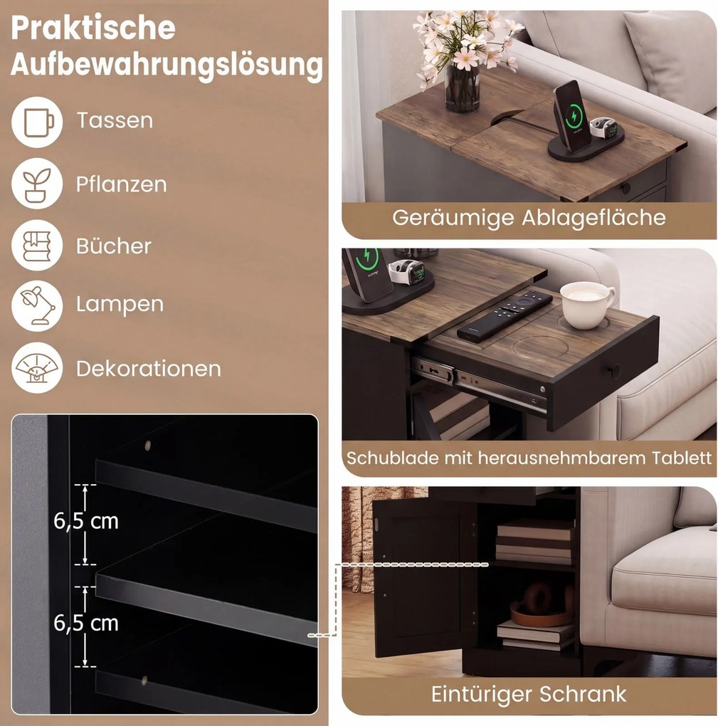 Costway Odkládací stolek boční skříňka s nabíjecí stanicí