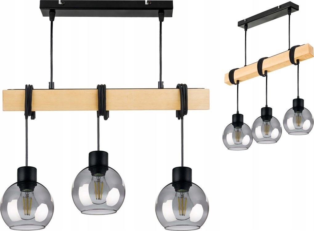 Dřevěná závěsná stropní lampa Lustr Zwis Loft, skleněná, 3x E27