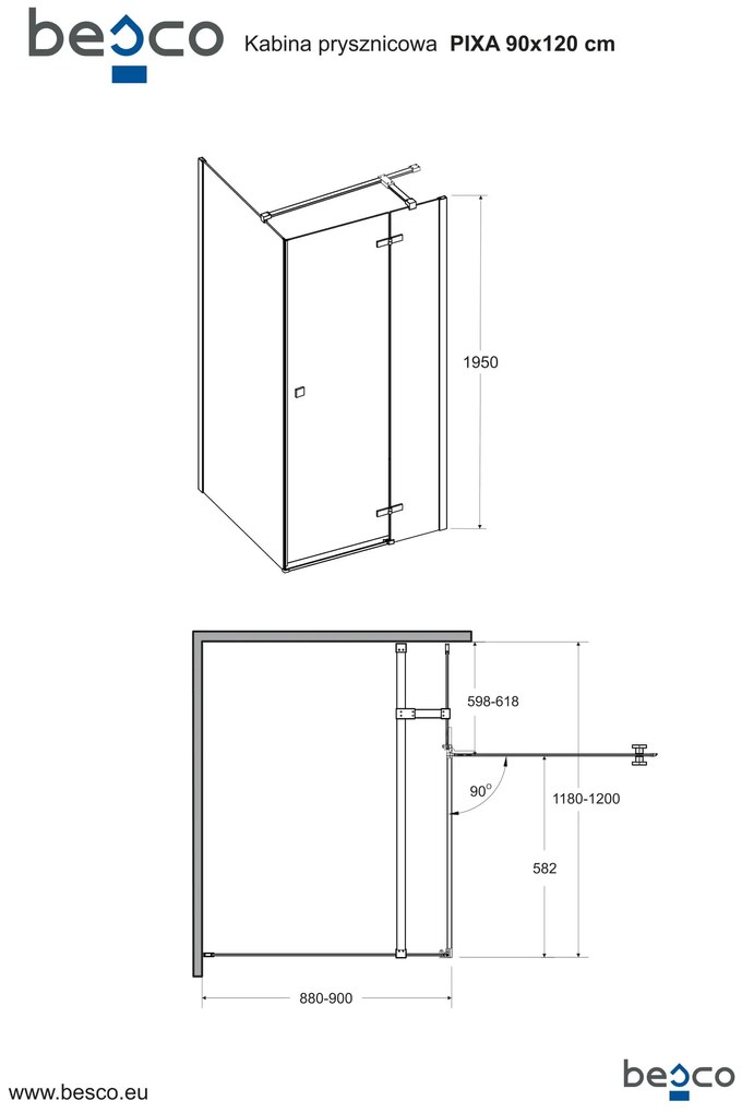 BESCO Obdélníkový sprchový kout PIXA Rozměr A - 120 cm, Rozměr B - 90 cm, Směr zavírání - Pravé (DX) - BCPIXA1290OBDP