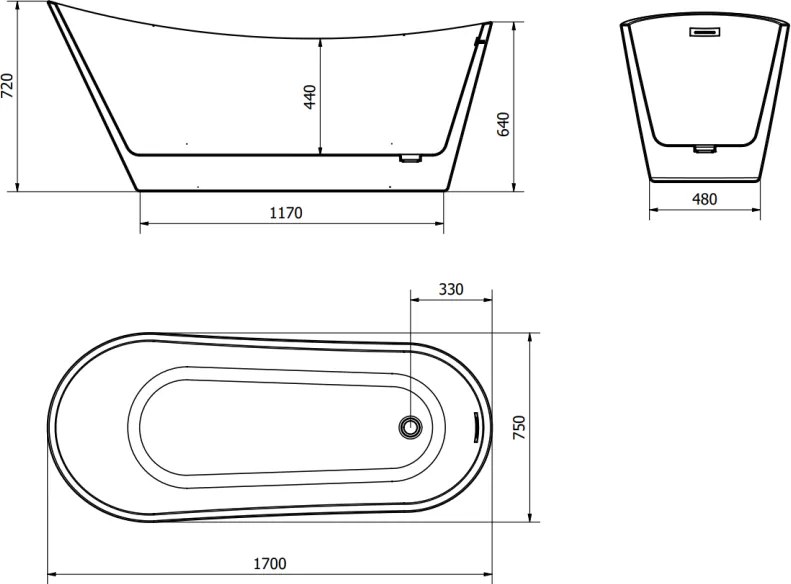 Mexen Alta, volně stojící vana 170 x 75 cm, bílá, zlatý matný přepad, 52141707500-55
