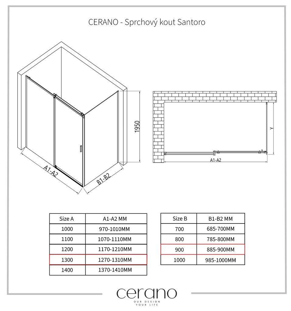 CERANO - Sprchový kout Santoro L/P - chrom, transparentní sklo - 130x90 cm - posuvný