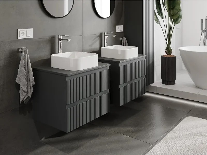 Mexen Rivel, koupelnová skříňka 60 cm s pracovní deskou, 2 zásuvky, drážkovaná, grafitová matná, 91A20-06047-2-BFFC66