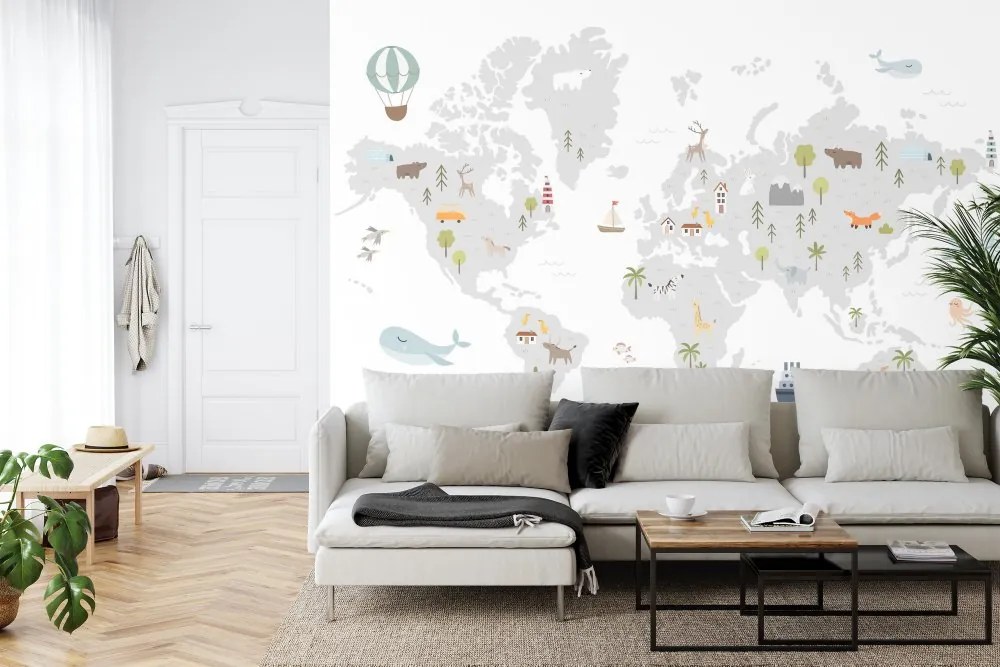 Fototapeta World Map With Cute Animals In Cartoon Style. Map For Nursery, Kids Room With Nature, Animals, Transports. Skandi Samolepící tapety 104x70.5