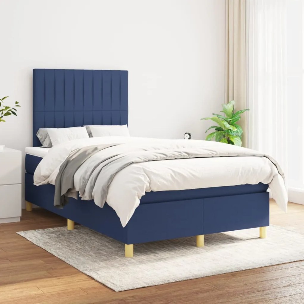 Box Spring Postel S Matrací Textil Modrá - Hladký design / 120 x 200 cm