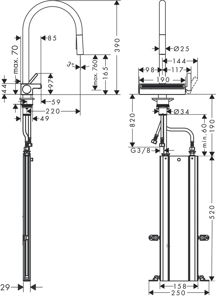 Hansgrohe Aquno Select M81, páková kuchyňská baterie 170, vytahovatelná sprška, 3jet, sBox, černá matná, HAN-73831670