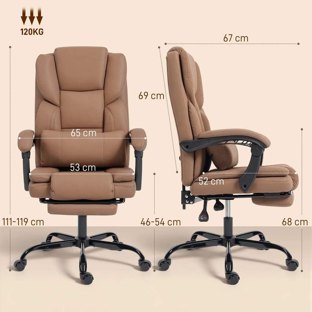 HOMCOM ergonomická kancelářská židle s opěrkou nohou — nastavitelná výška, bederní opora, 360° otáčení, eko-kůže přátelská k mazlíčkům, hnědá