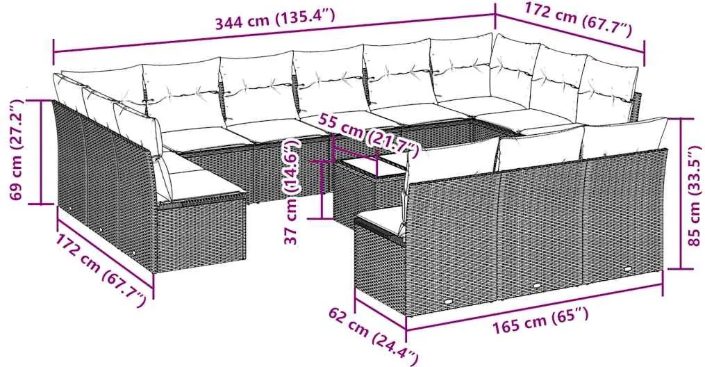 14dílná zahradní sedací souprava podušky světle šedá polyratan 3250241