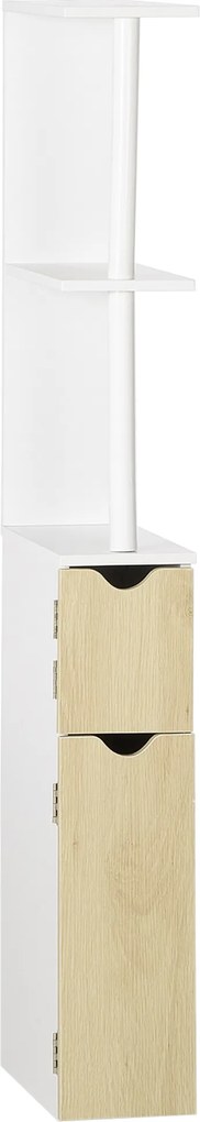Kleankin koupelnový sloupek se 2 policemi a 2 skříňkami, vysoký úložný kabinet do koupelny v MDF, 15,2x29,8x118 cm, přírodní dřevo