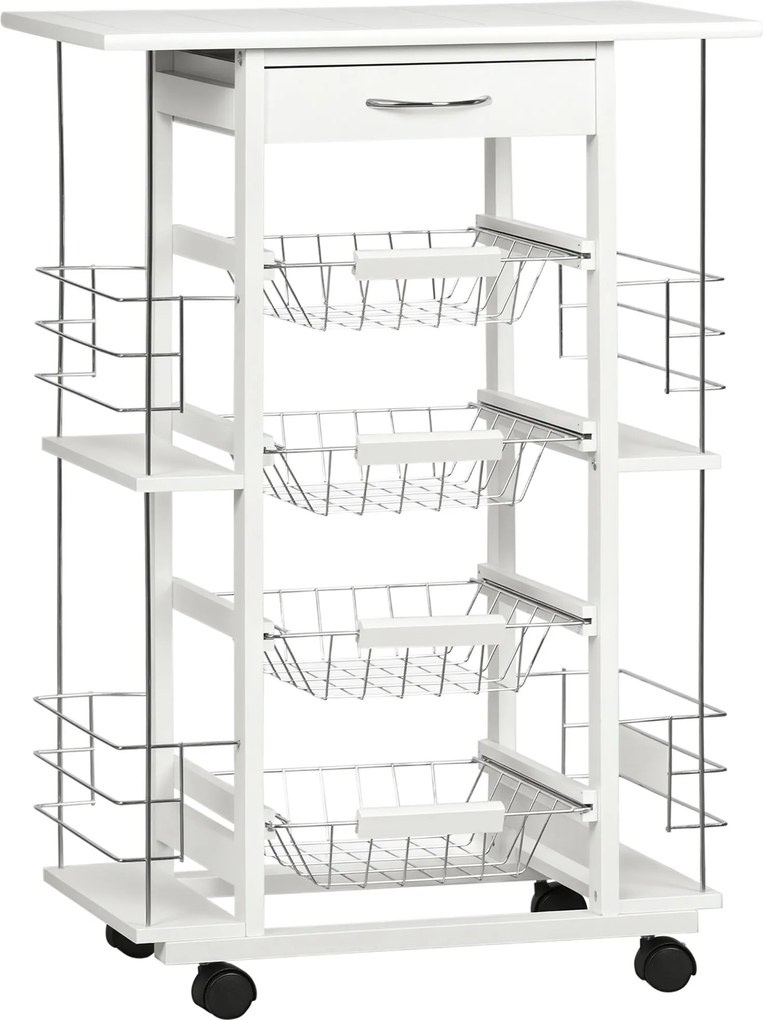 HOMCOM Kuchařský vozík na kolečkách s dlažkou a zásuvkou, 4 kovové košíky a 4 boční stojany na kořenky pro jídelnu, 57x37x83 cm Bílý | Aosom