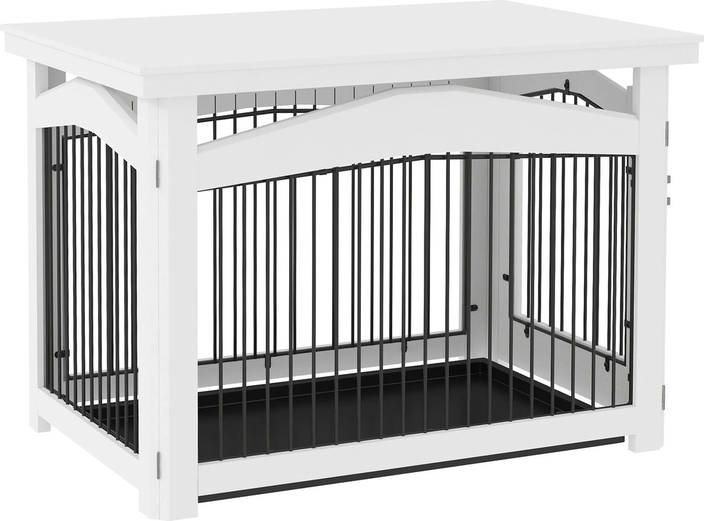 PawHut Střední Psí Kotec 3-v-1 Sides Table Zábrana pro Psy s Uzamykatelnými Dveřmi, Odnímatelným Horním Panelem a Odnímatelným Podnosem 82,5x57,5x59,5