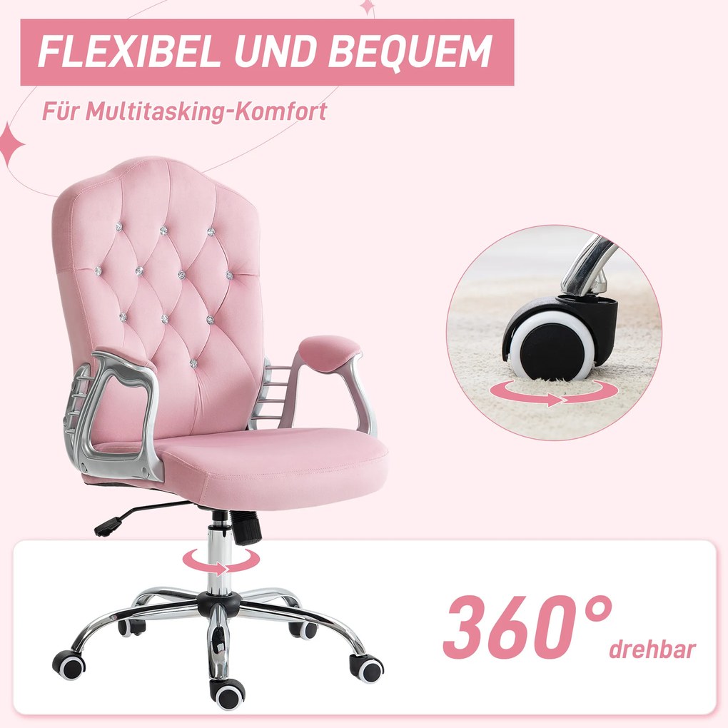Kancelářská židle HOMCOM pro ženy, ergonomická kancelářská židle s houpací funkcí, výškově nastavitelná, nosnost 120 kg, růžová| Aosom