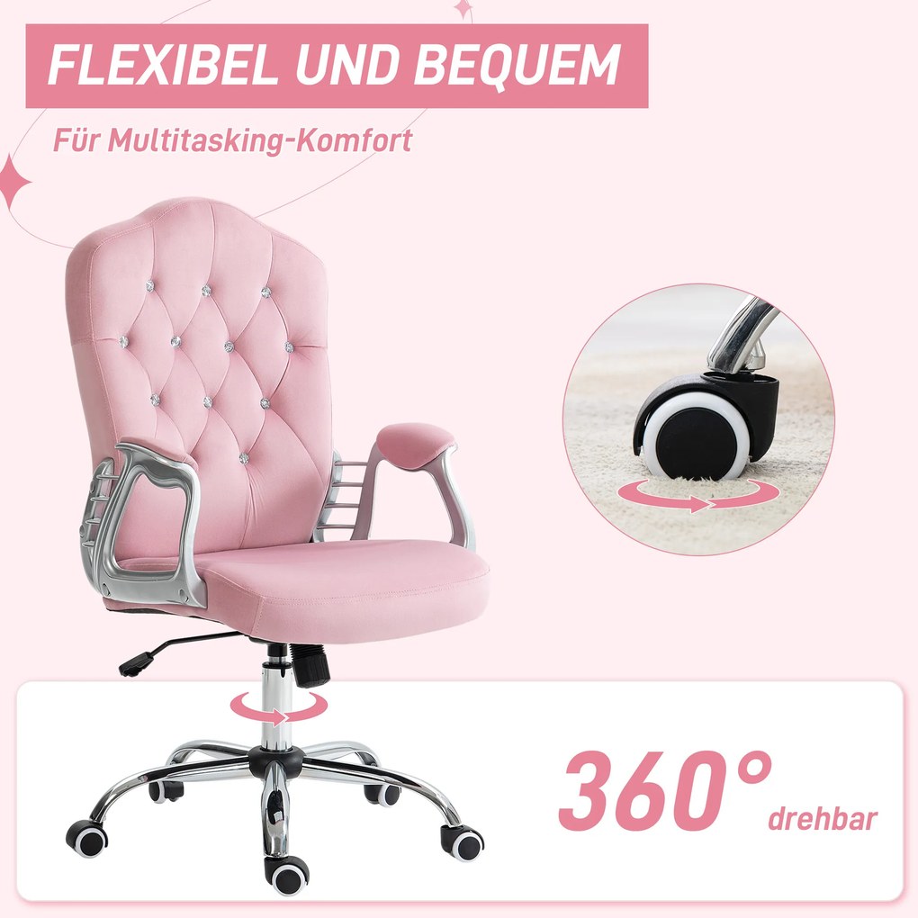 Vinsetto Kancelářská židle HOMCOM pro ženy, ergonomická kancelářská židle s houpací funkcí, výškově nastavitelná, nosnost 120 kg, růžová