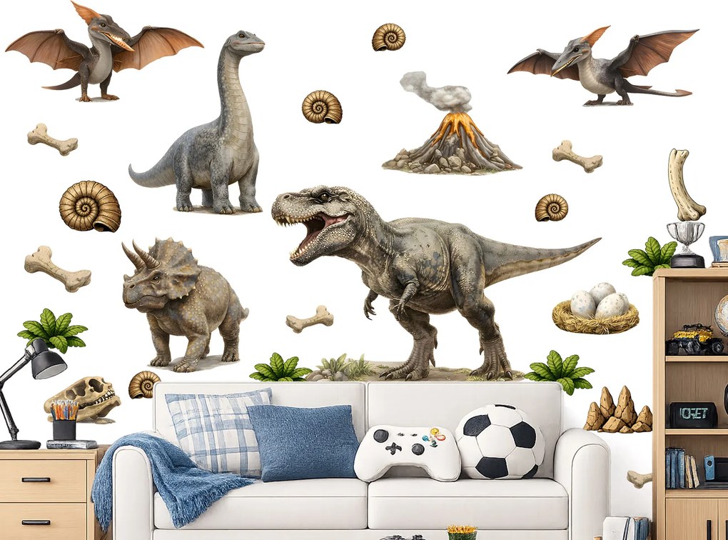Realističtí dinosauři textilní přelepitelné samolepky na zeď arch 100 x 76 cm