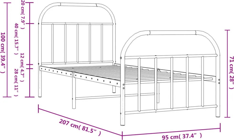 vidaXL Kovový rám postele s hlavovým a nožním čelem 90 x 200 cm [353695] Barva: Bílá