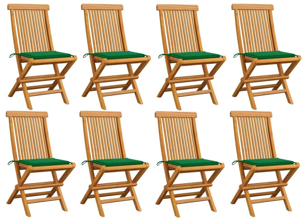 3072922 vidaXL Zahradní židle se zelenými poduškami 8 ks masivní teak