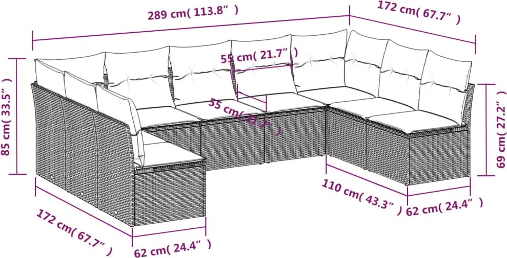 9dílná zahradní sedací souprava a podušky světle šedá polyratan 3249911