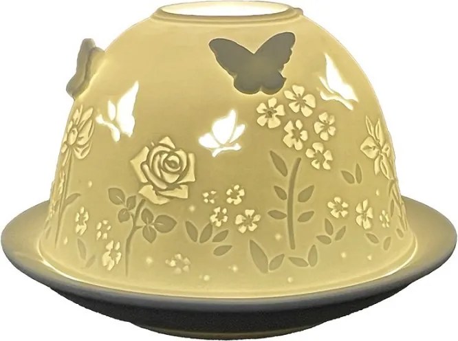 Bílý porcelánový svícen na čajovou svíčku s motýlky a růžemi Paollo - Ø 12 * 8 cm