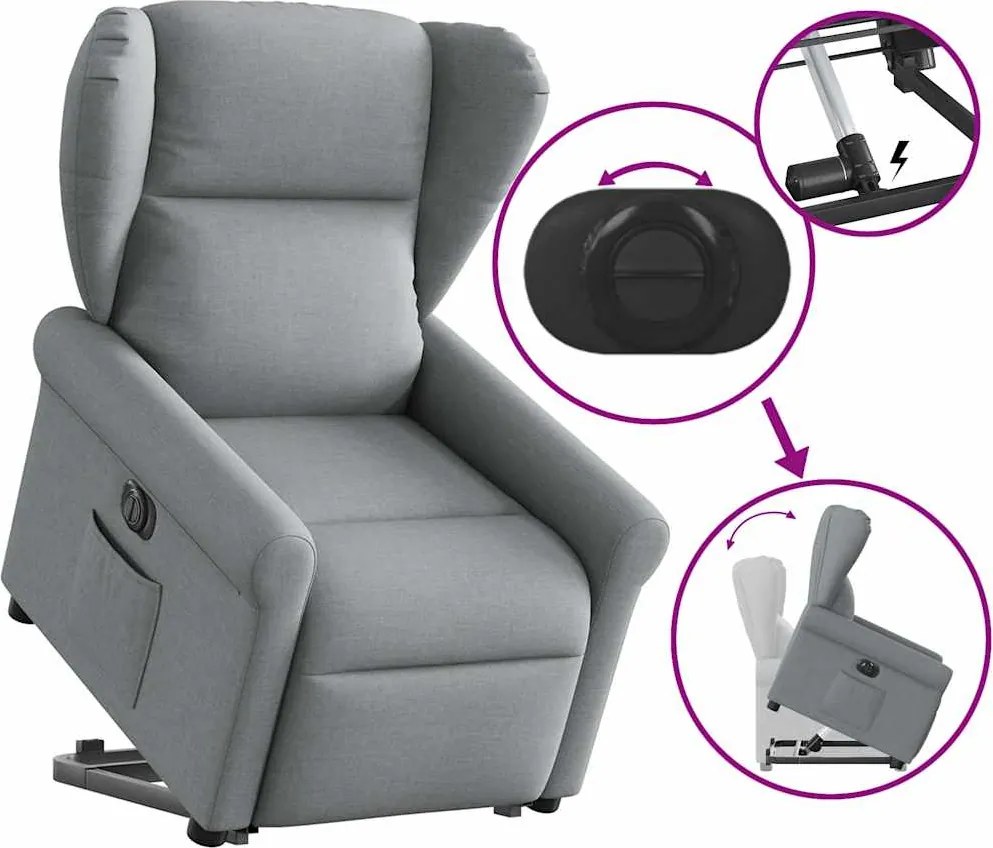 Elektrické zvedací polohovací křeslo světle šedé textil 3303394