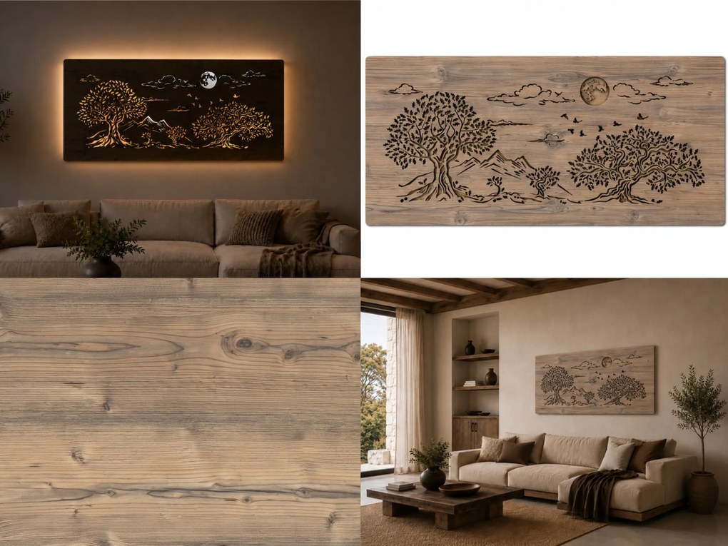 Li-Go "Čtyři duby a měsíc" světelný obraz s baterií a pohybovým čidlem 130x60 cm provedení povrchu: jedle