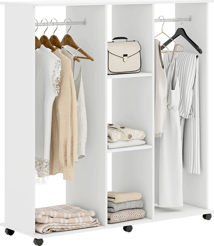 HOMCOM Dvojitá skříň-šatník mobilní úložná skříň 6 koleček 120 x 40 x 128 cm, bílá dřevěná
