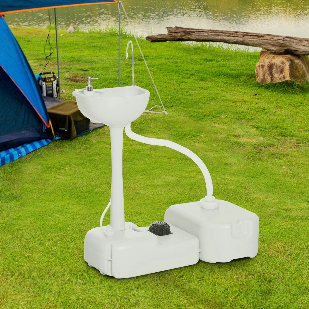 Outsunny Kempingové umyvadlo 17L Ruční umyvadlo se sběračem odpadní vody Dřez s dávkovačem HDPE šedý 83x50x103 cm pro venkovní použití |
