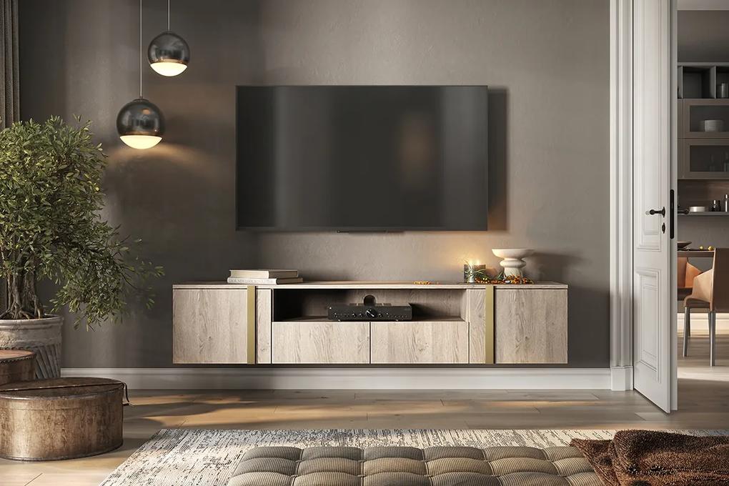 Závěsný TV stolek Verica 200 cm s výklenkem - dub piškotový / zlaté úchytky