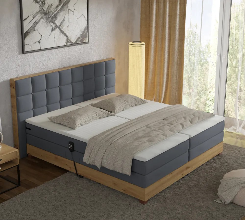 Elektrická polohovací postel, boxspring, tmavě šedá/dub artisan, 180x200, TIANA