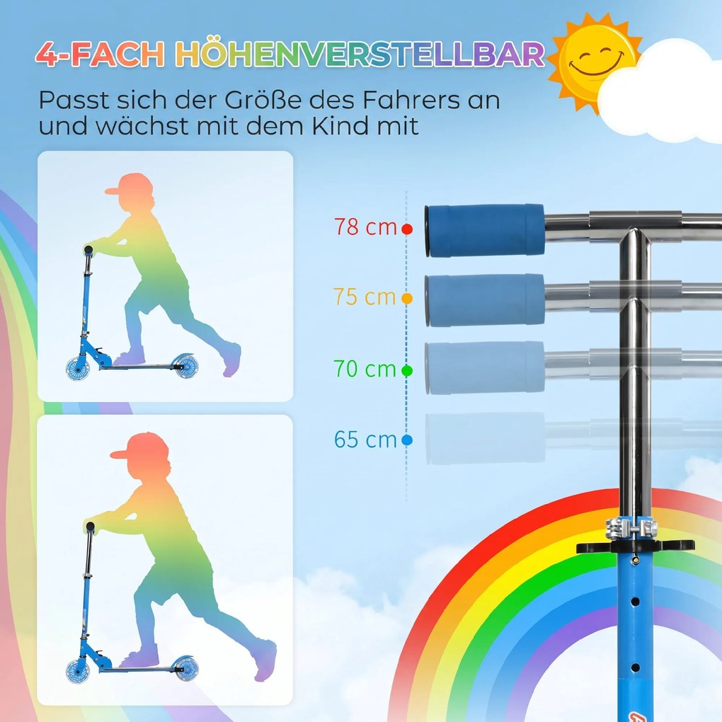 HOMCOM Dětská koloběžka s LED koly, 124 mm kolečka, skládací, výškově nastavitelná, s hudbou, zadní brzda, modrá