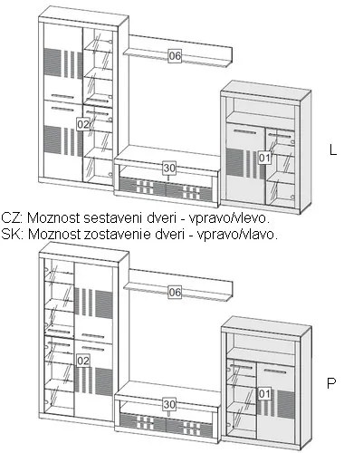 Obývací stěna Kolibri, s osvětlením, šedá/bílá