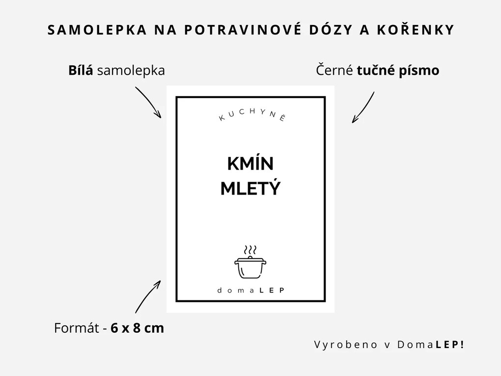 KMÍN MLETÝ - omyvatelná samolepka na kořenky, výběr rozměrů Ø 5 cm / 5 x 5 cm / 6 x 8 cm | DomaLEP tvar: ČTVEREC, barva: BÍLÁ - ČERNÉ písmo, velikost: š. 5 cm x v. 5 cm - tučné písmo