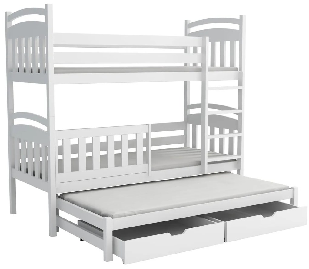 Dětská patrová postel z masivu borovice ONDRA s přistýlkou a šuplíky - 200x90 cm - BÍLÁ