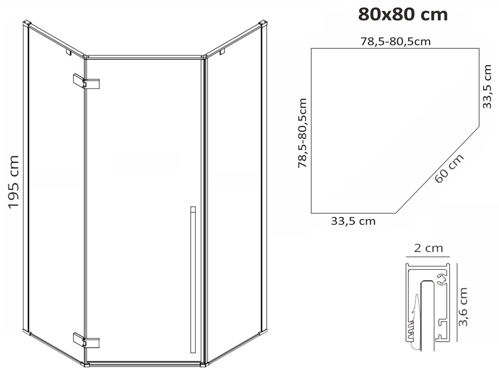 Pětiúhelníkový sprchový kout REA DIAMOND 80x80 cm, černý matný