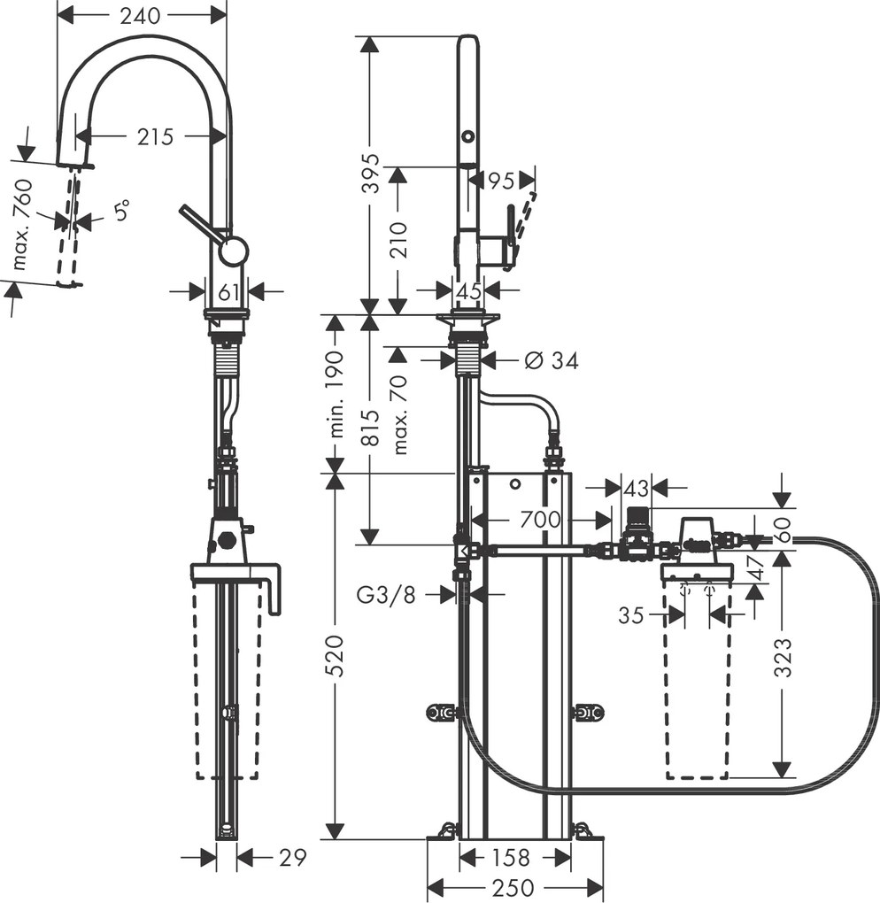 Hansgrohe Aqittura M91 - FilterSystem 210, vytahovací výtok, 1jet, sBox, vzhled nerezu 76826800