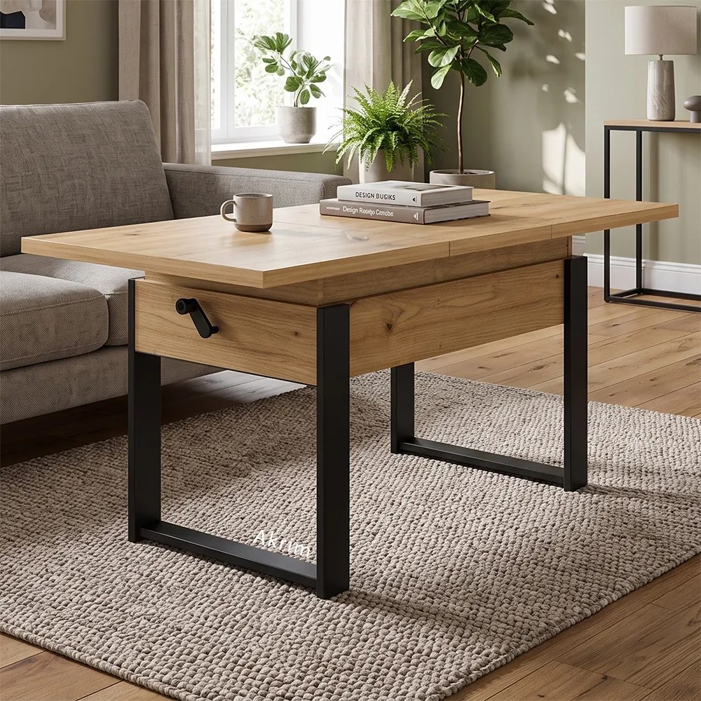 Rozkládací polohovací konferenční stolek HOGO 3v1 | 120-157x62,5-74,5x67 cm | síla horní desky 32 mm | dub artisan/černé nohy