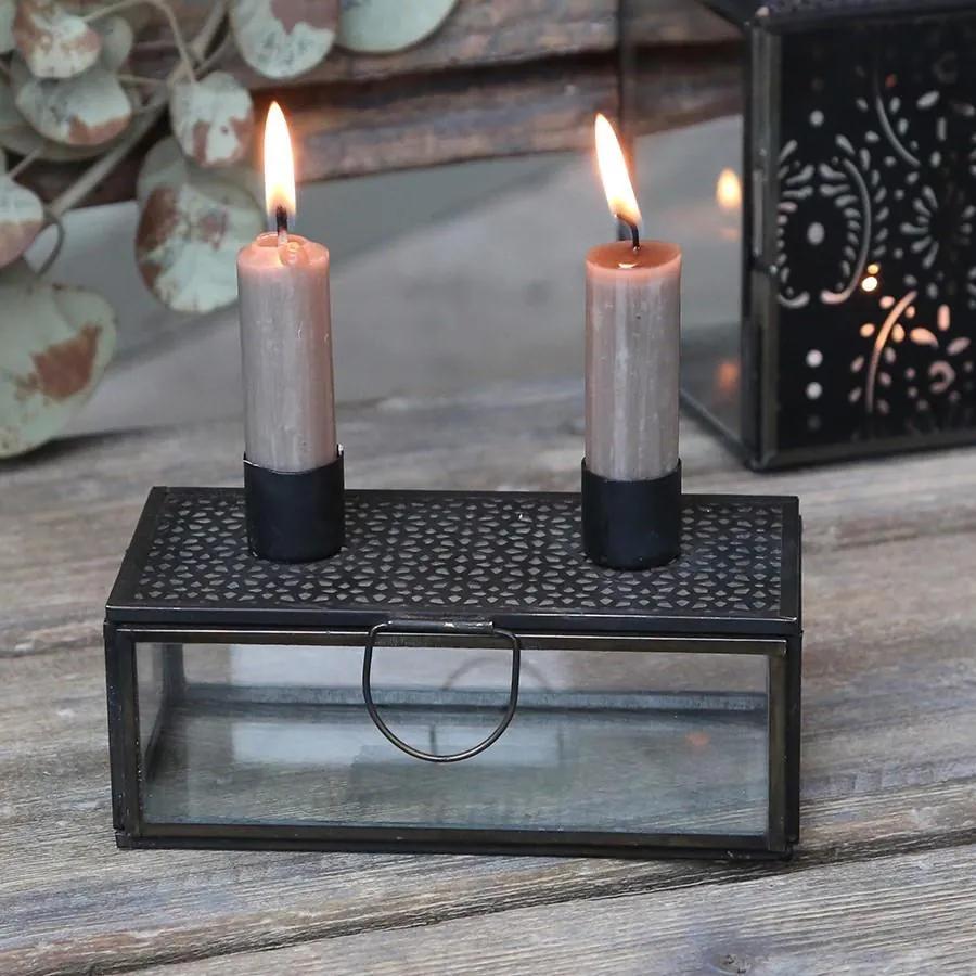 Chic Antique Svícen na dvě svíčky Box Antique Coal, černá barva, čirá barva, sklo, kov