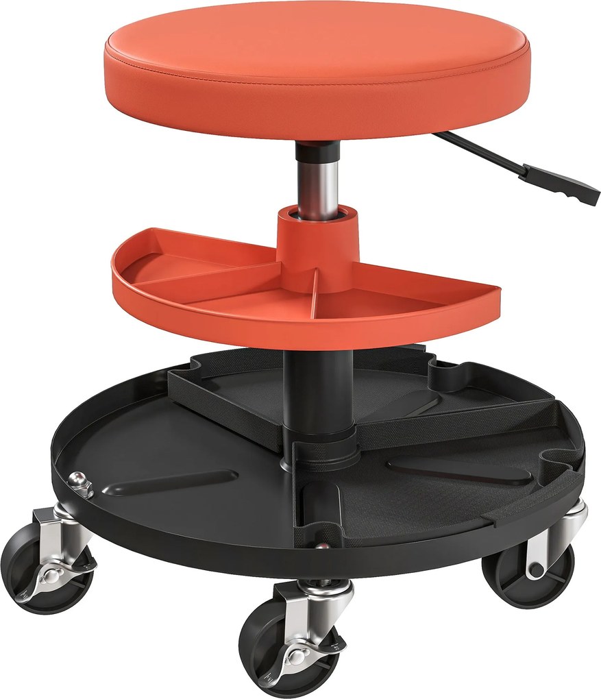 HOMCOM Pojezdný pracovní stolička, mechanická stolička s nastavitelnou výškou 40-51 cm, 2 odkládací plochy na nástroje, otáčecí sedadlo s max. zatíže…