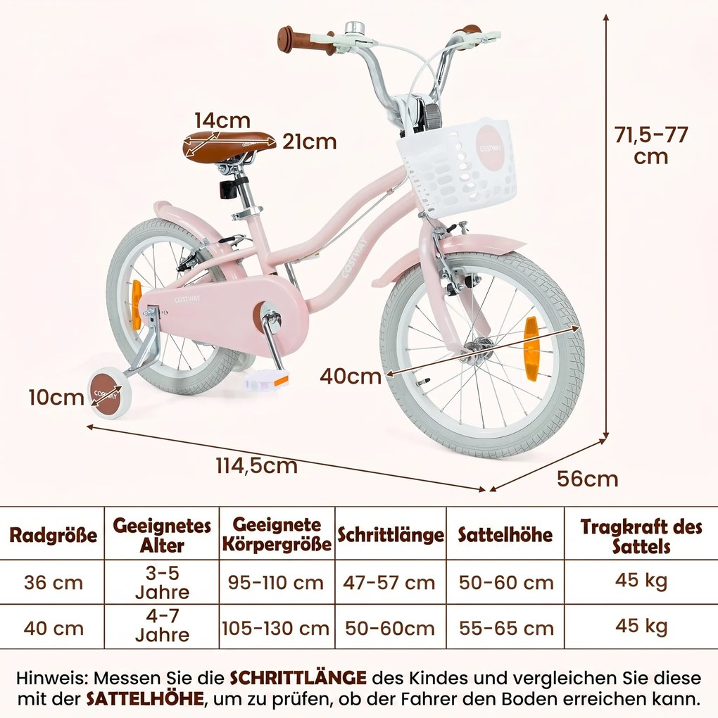 Costway 16 Inch dětské kolo s tréninkovými kolečky a košíkem Dětské – růžový