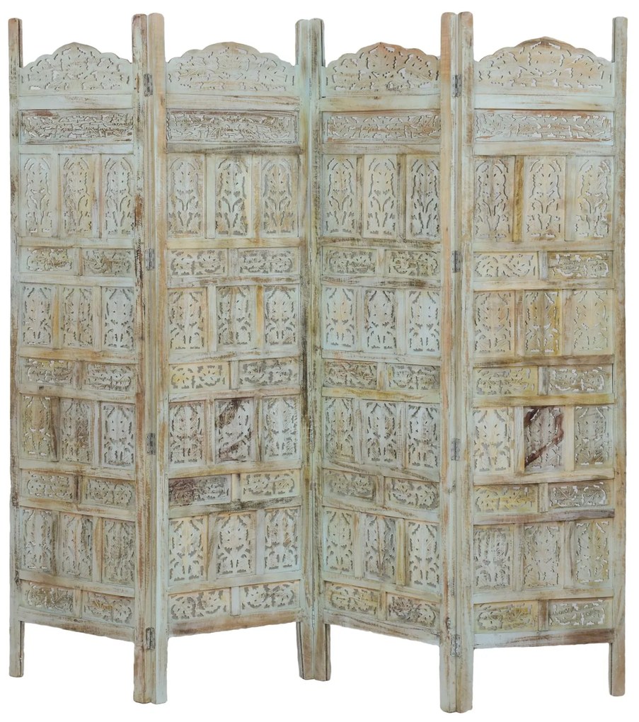 Sanu Babu Paravan z mangového dřeva, bílá patina s nádechem tyrkysové, 200x3x180cm