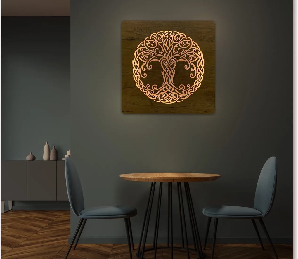 Li-Go "Keltský strom života" světelný obraz s baterií 62x62cm varianta ovládání: ovládání na obraze včetně dálkového ovladače, provedení povrchu: dub