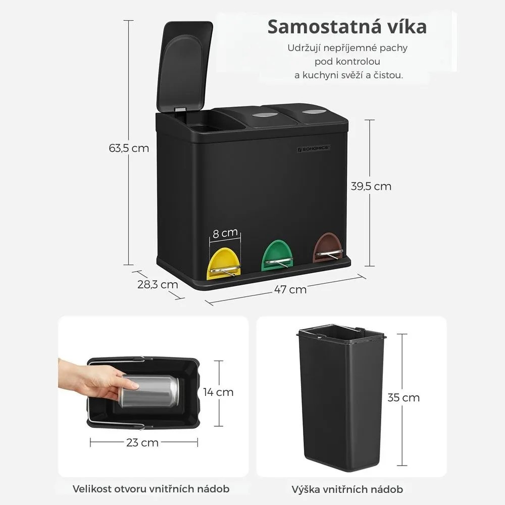 Koš na třídění odpadu SORT 24l (3x8l), černá SongmicsHome