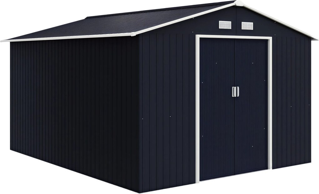 Zahradní domek Outsunny 8,3 m² 277x322x192 cm s posuvnými dveřmi a šikmou střechou, vyztužená základna (podlaha není součástí balení) a 4 okna šedá |