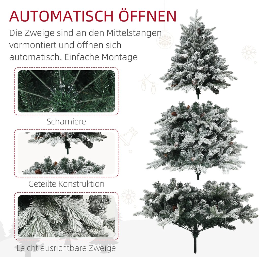 HOMCOM Umělý vánoční stromek, 180 cm, LED světla, pokrytý sněhem, nehořlavý, kov