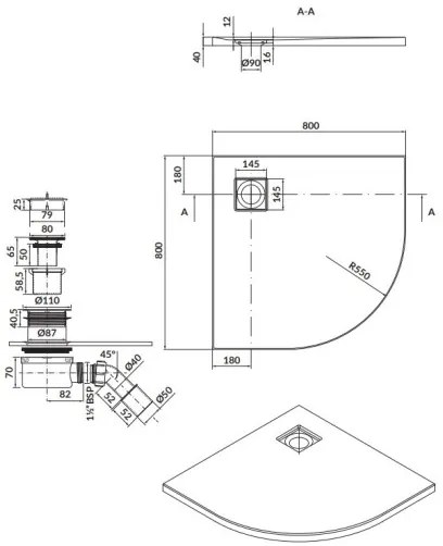 Cersanit Tako Slim, čtvrtkruhová sprchová vanička 80x80x4 cm + černý sifon, černá matná, S932-163