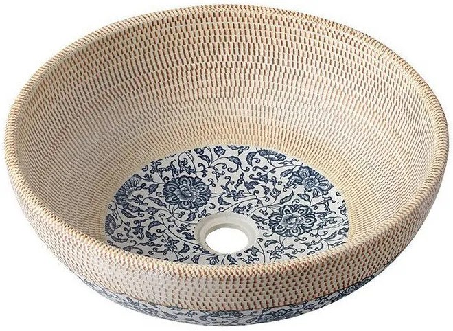 Sapho, PRIORI keramické umyvadlo, průměr 41 cm, barva béžová s modrou malbou, PI011