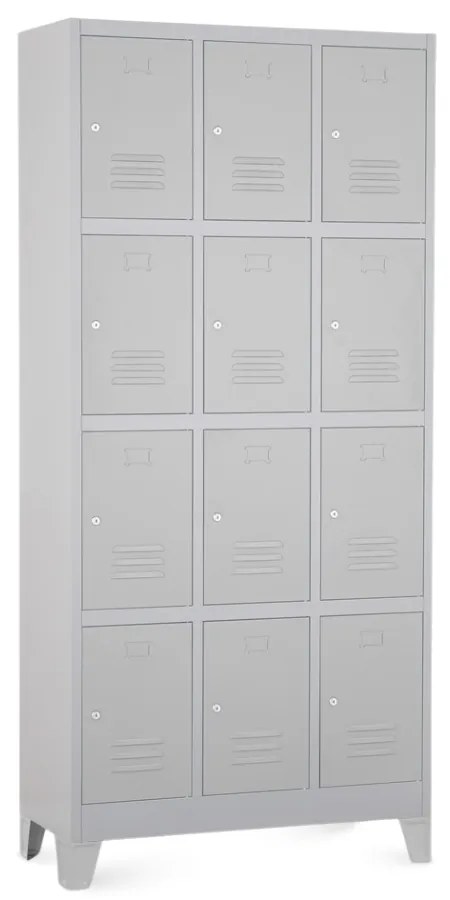 Kovová šatní skříňka - 12 boxů, 90 x 40 x 195 cm, pevné nohy, cylindrický zámek, světle šedá - ral 7035